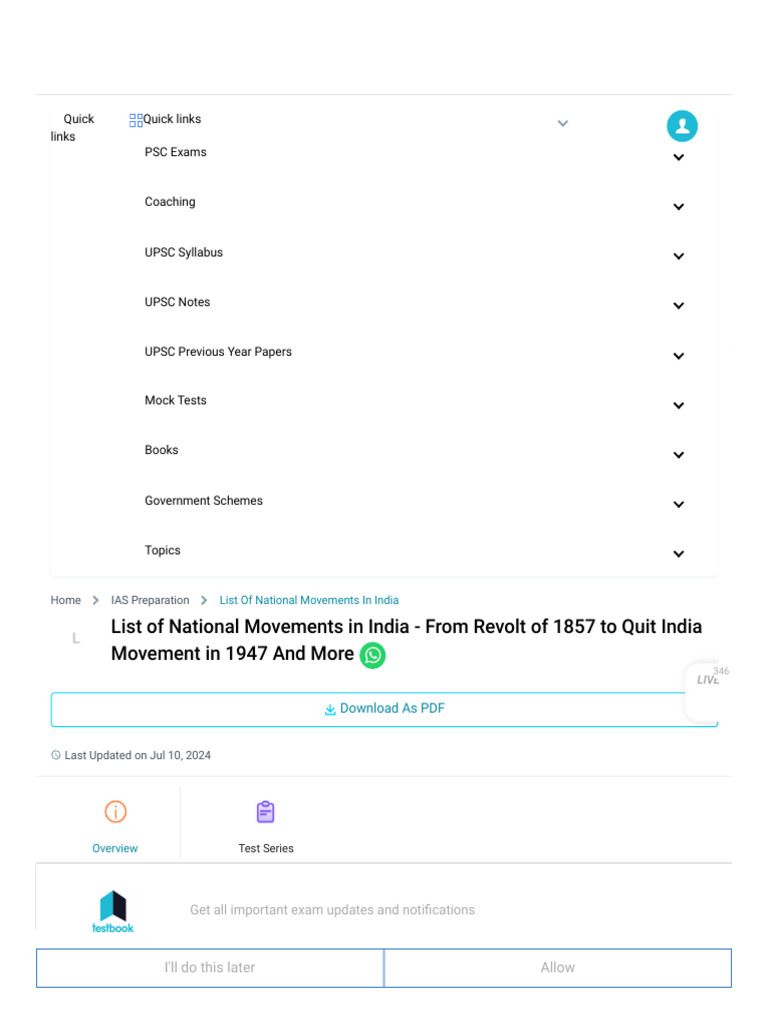 List of Indian National Movements - From 1857 to 1947 _ In Detail | PDF