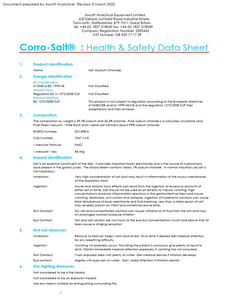 Corro Salt Material Safety Data Sheet | PDF