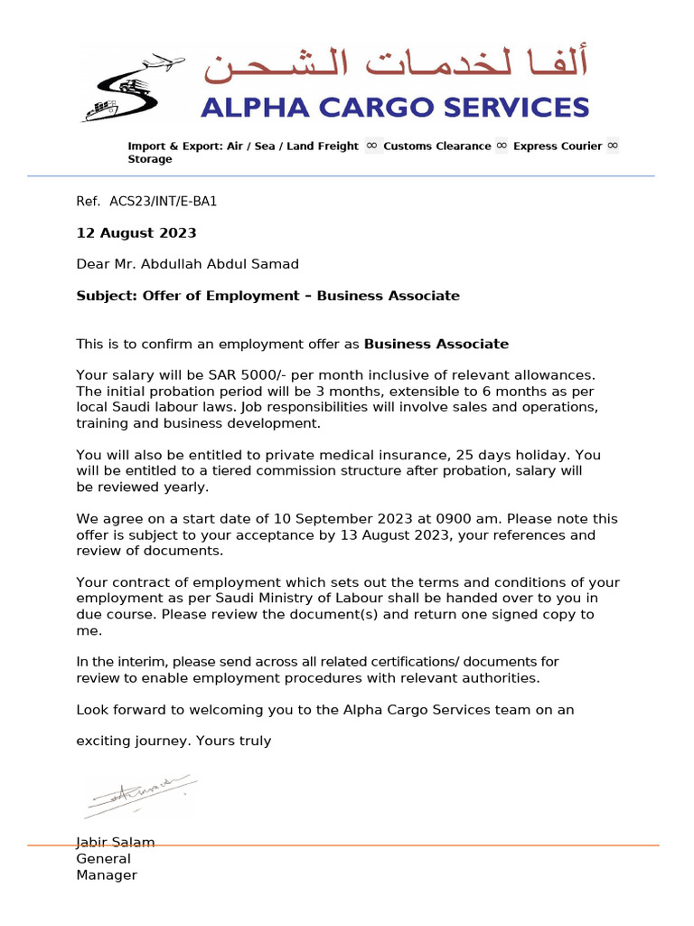 Alpha Cargo Services Offer Letter - Abdullah Abdul Samad - Business Associate | PDF