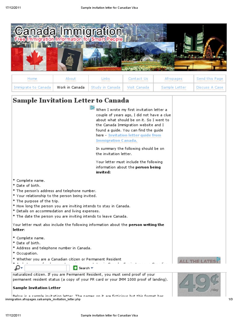 Sample Invitation Letter for Canada Visa | PDF | Permanent Residence ...