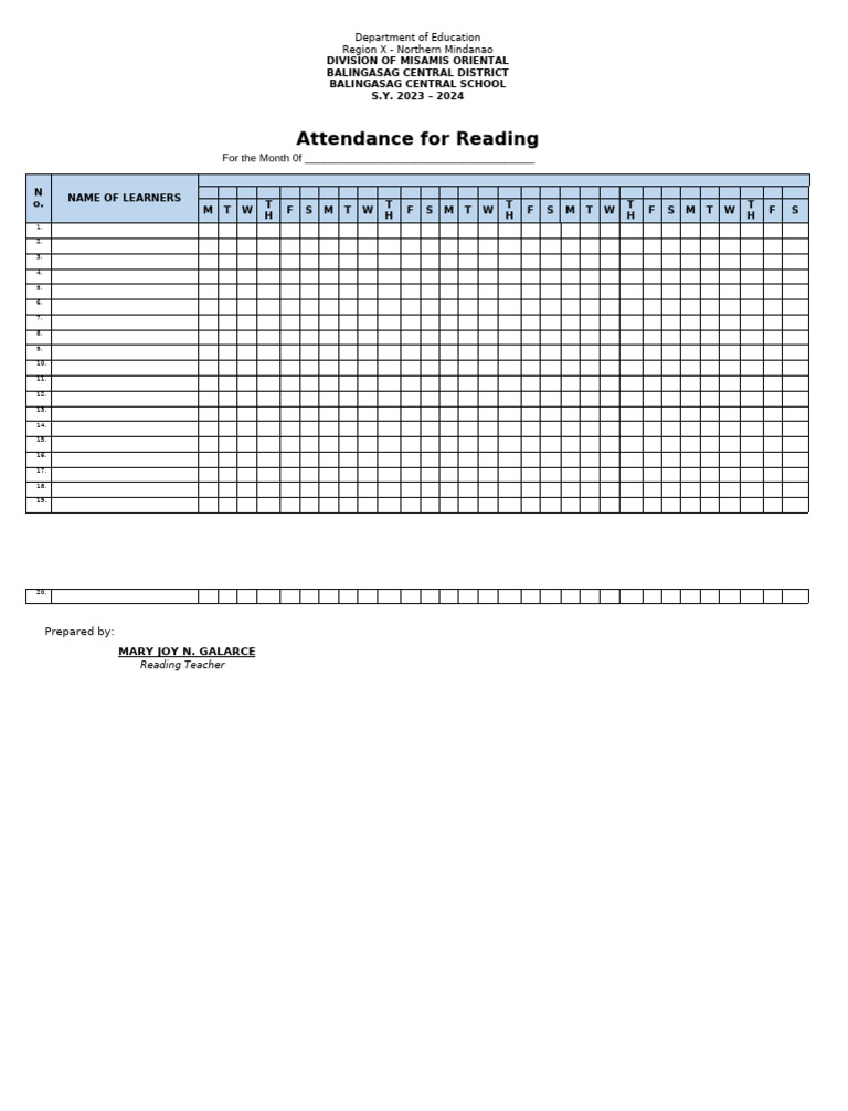 Attendance Sheet READING | PDF