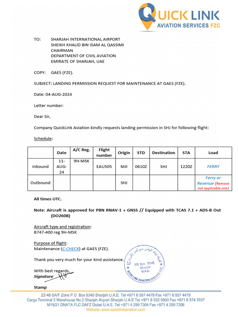 Landing Permission Request for 9H-MSK | PDF