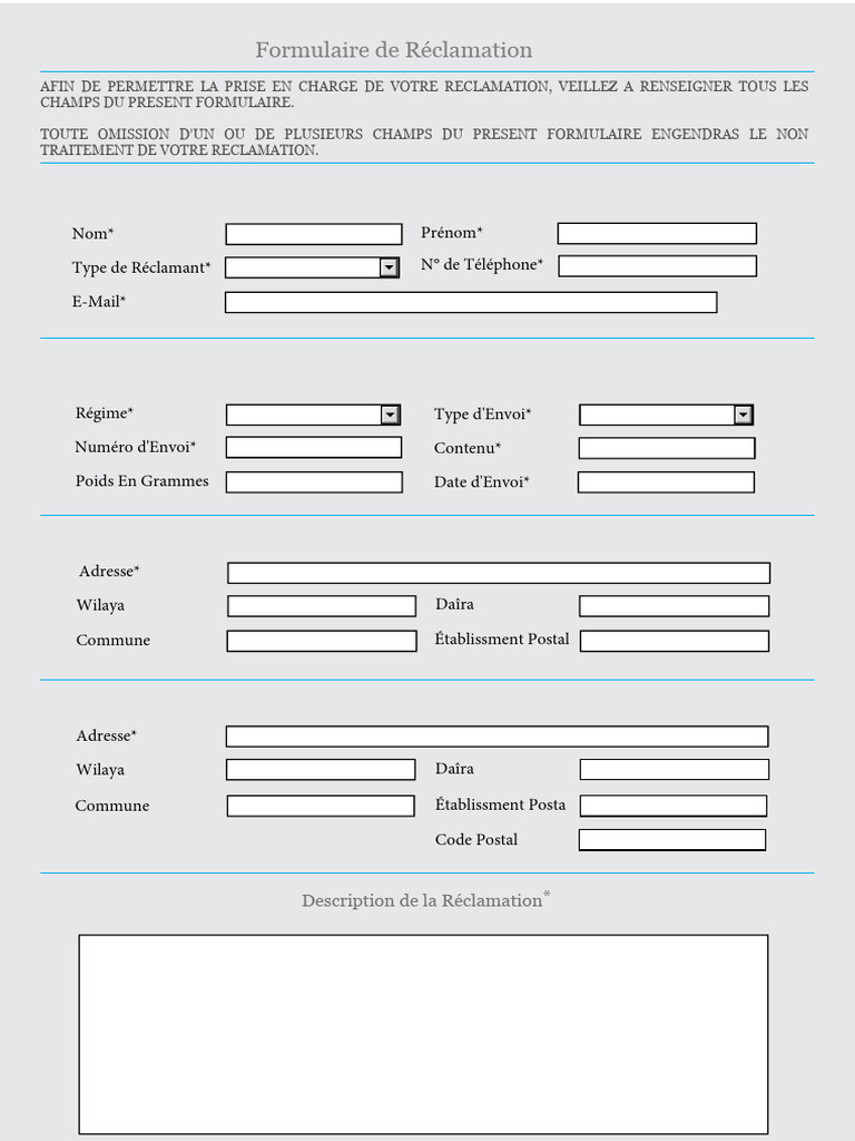 Formulaire de Réclamation: Services Postaux | PDF