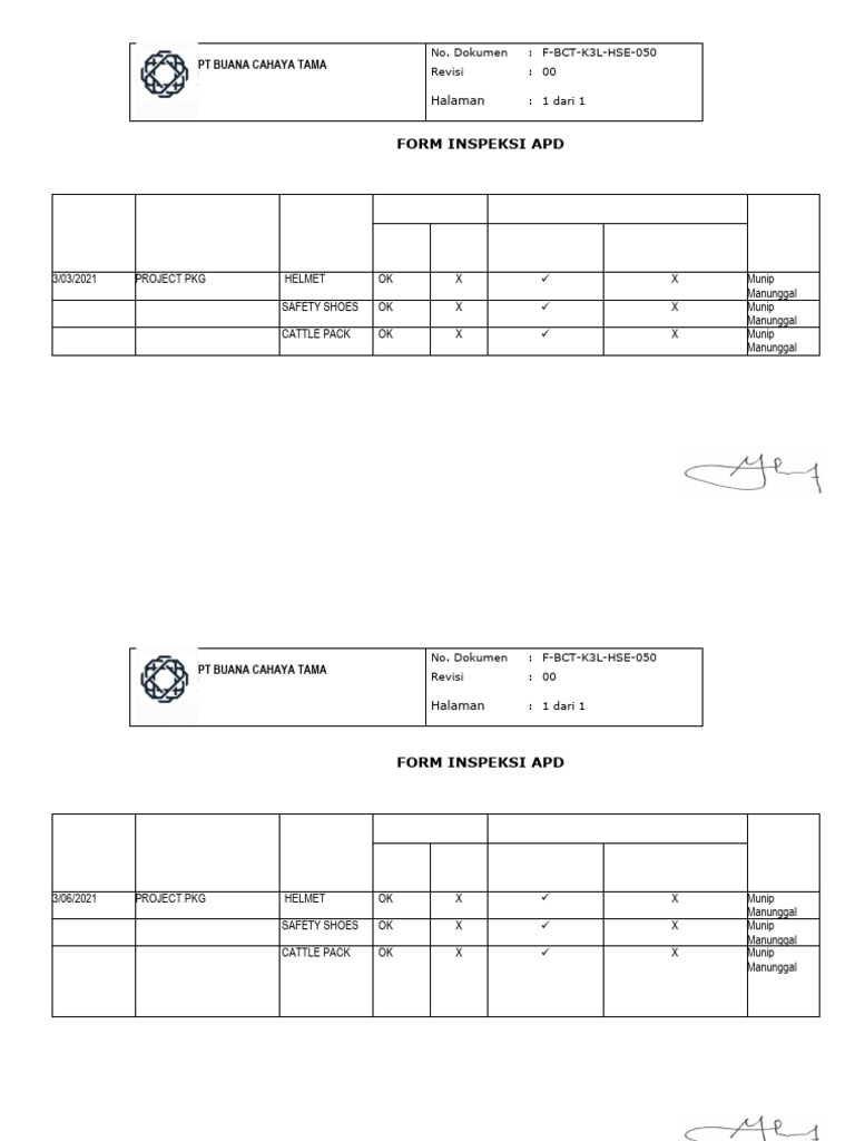Form Inspeksi Apd | PDF