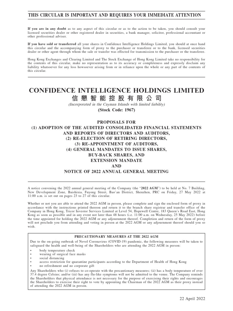 Confidence Intelligence Holdings Limited: This Circular Is Important ...