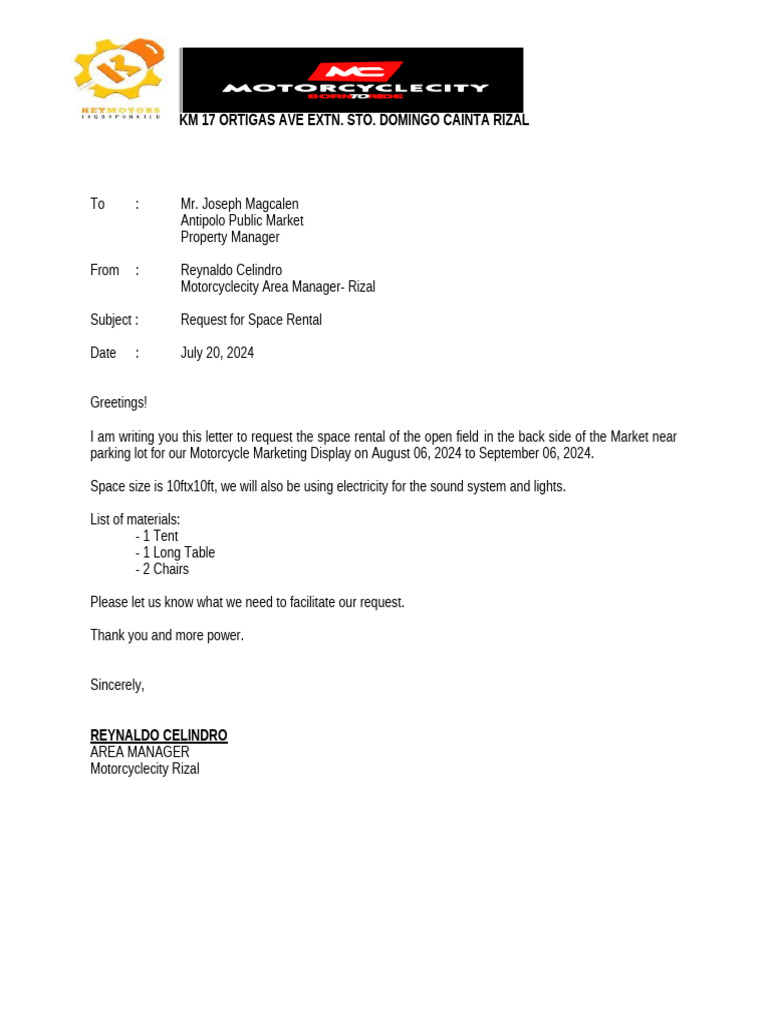 Space Rental Letter | PDF