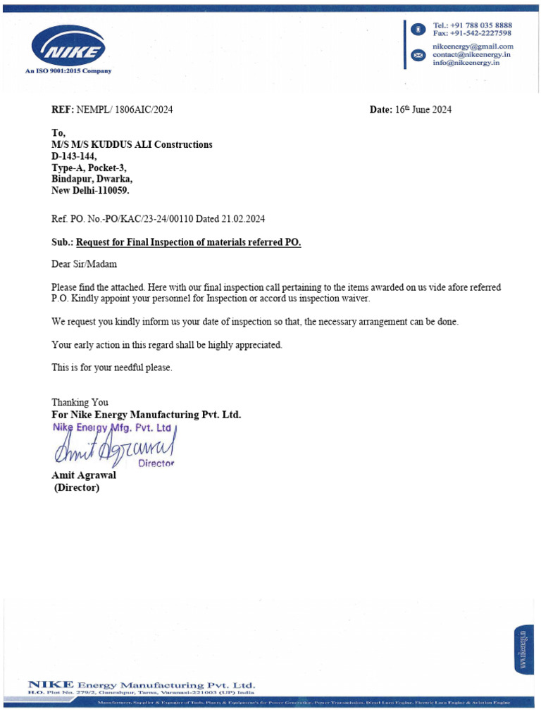 Final Inspection Request for PO 00110 | PDF | Science & Mathematics