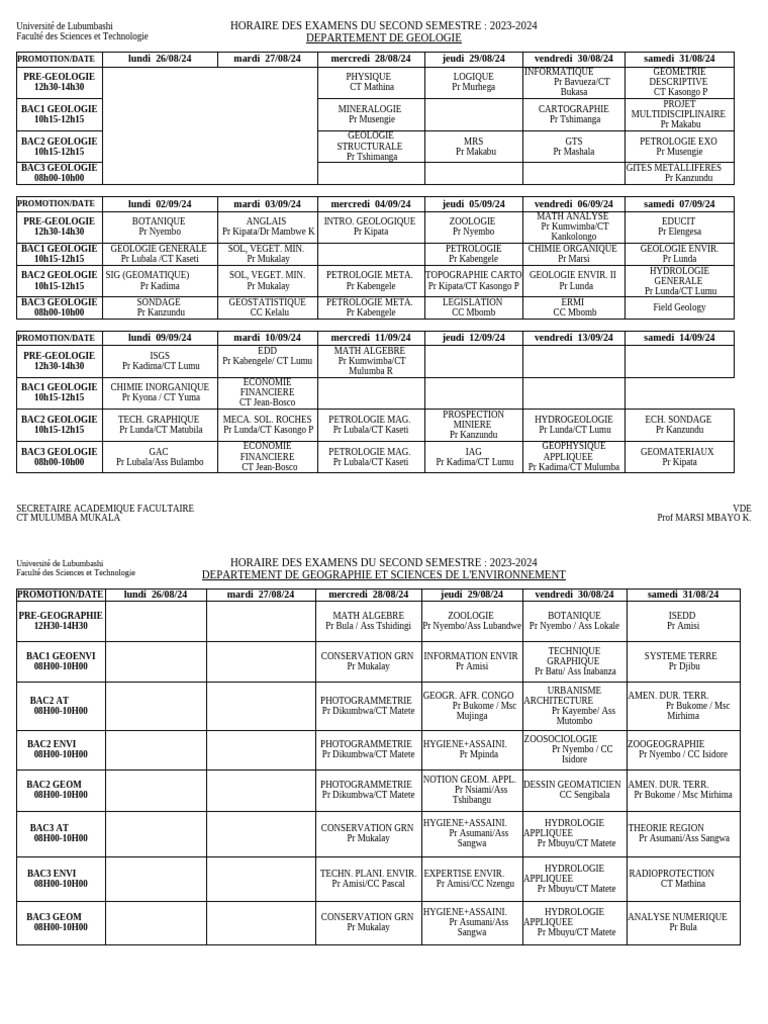 Final Horaire Exam Aout 2023 2024 Fac Sces | PDF