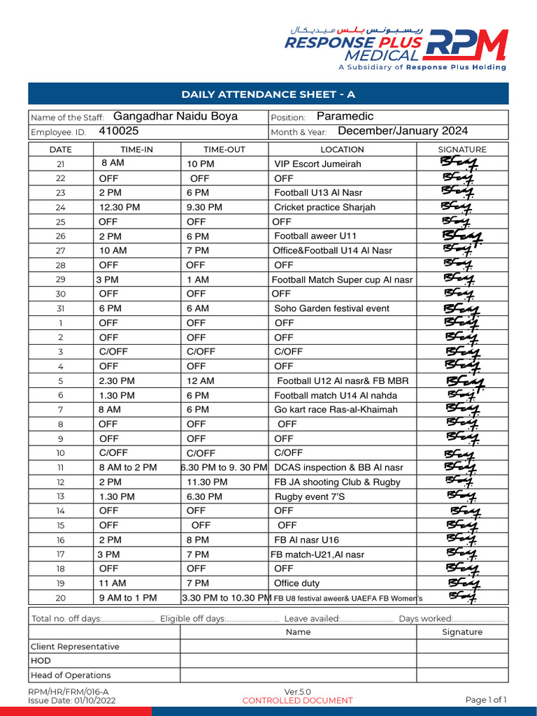 Dec:Jan 24 Attendance Timesheet | PDF