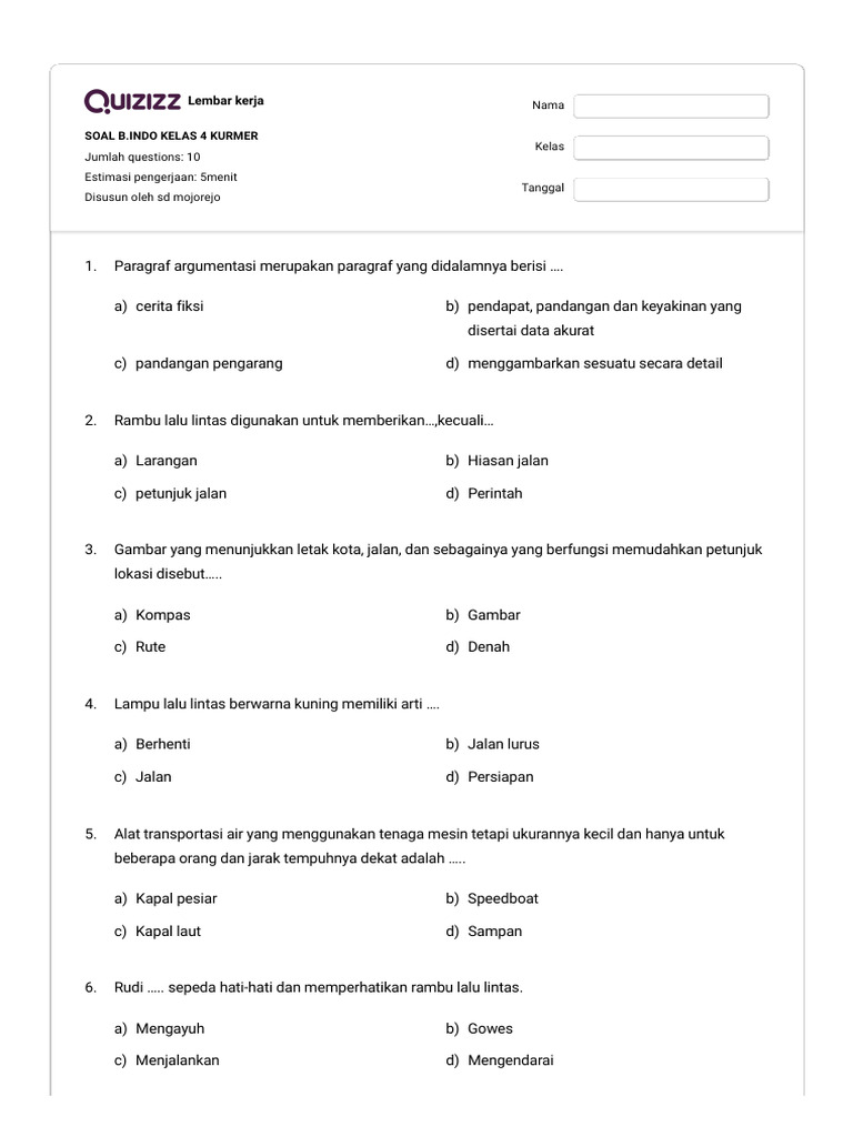 SOAL B.INDO KELAS 4 KURMER - Quizizz | PDF