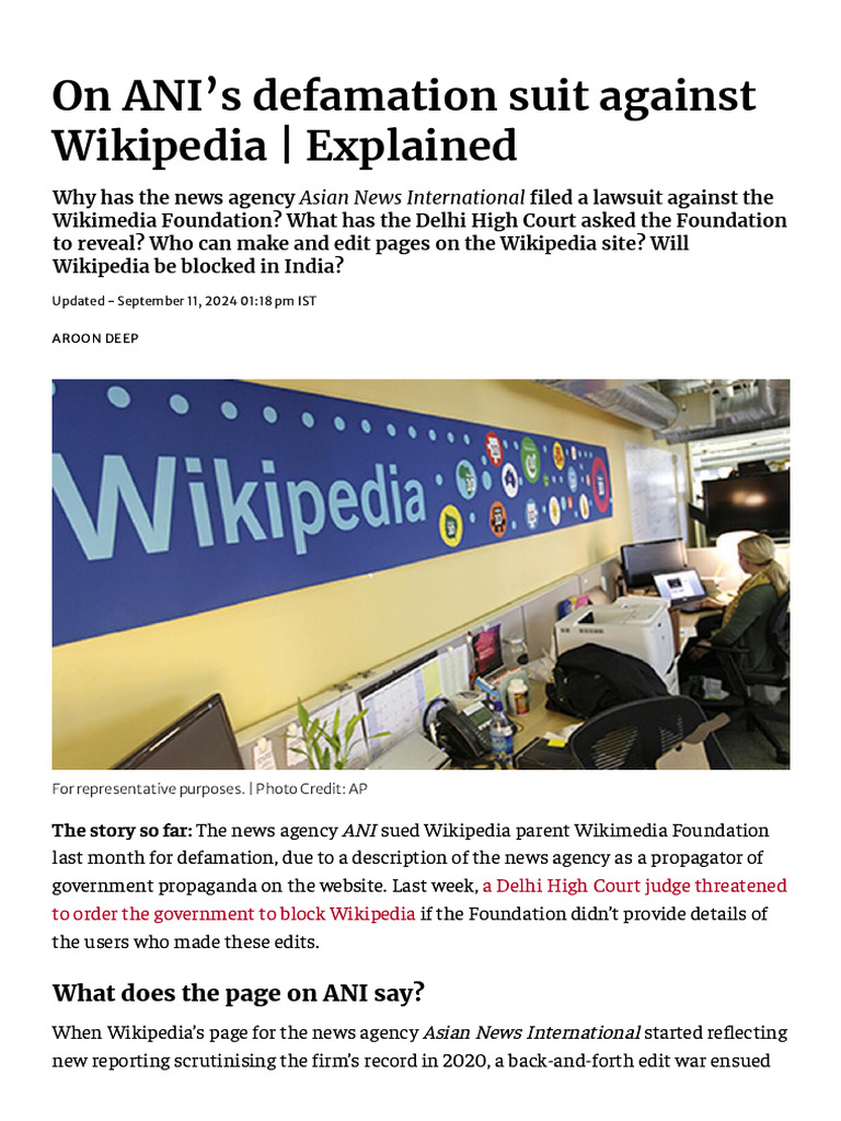 On ANI's Defamation Suit Against Wikipedia - Explained - The Hindu | PDF | Wikipedia | Politics