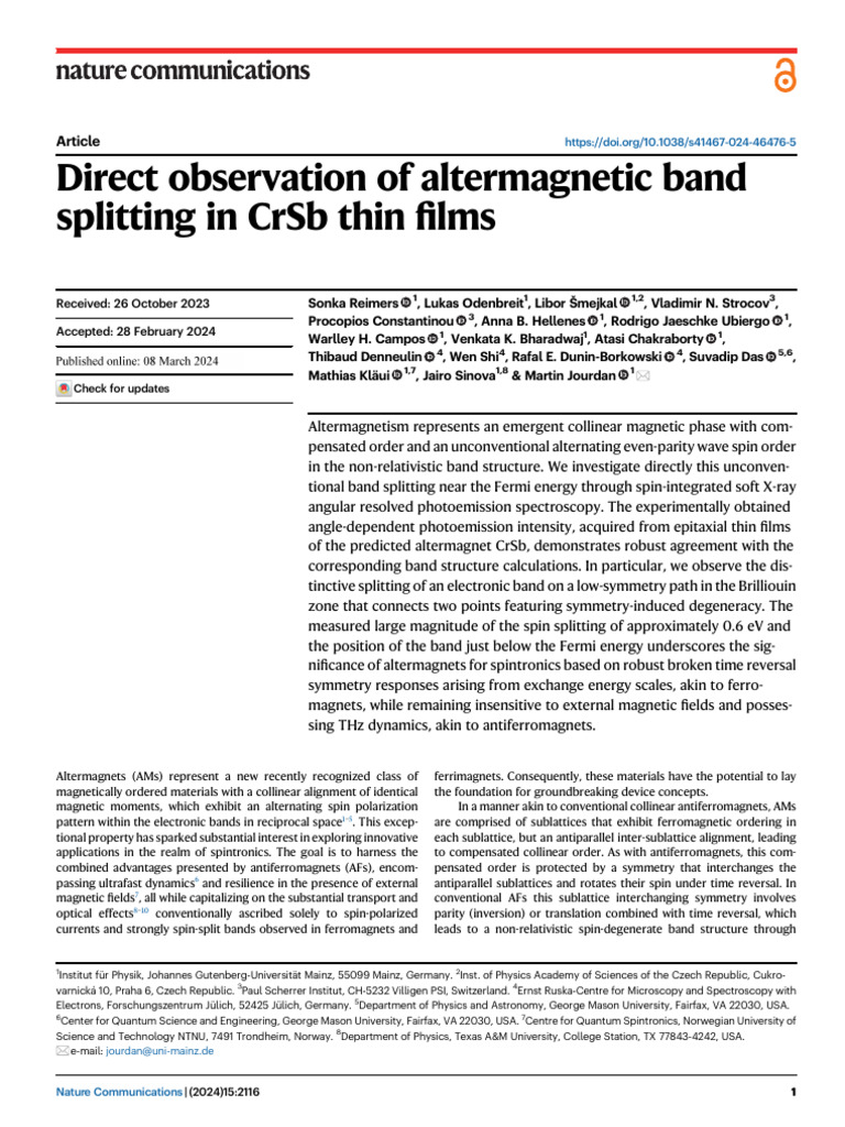 Direct Observation of Altermagnetic Band Splitting in CRSB Thin Lms | PDF