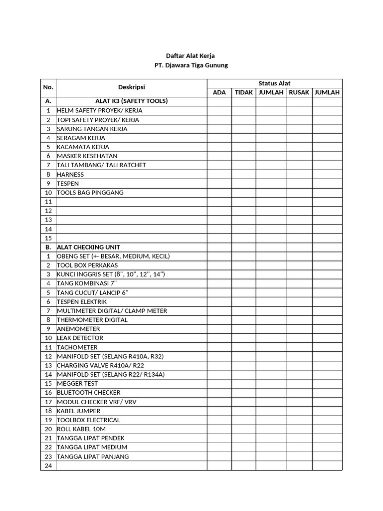 List Alat Kerja | PDF
