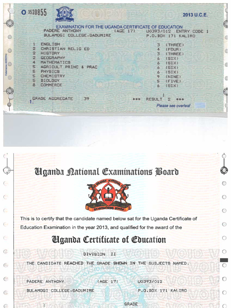 Uganda Certificate of Education Results Slip and Certificate | PDF