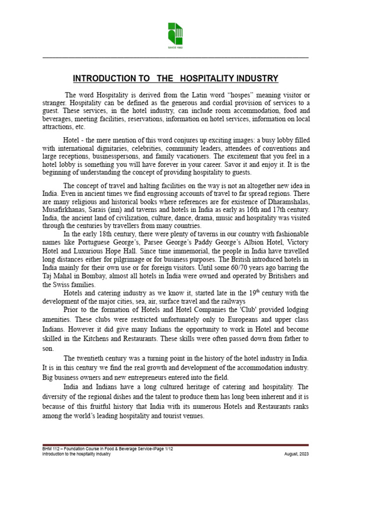 Introduction To The Hospitality Industry | PDF