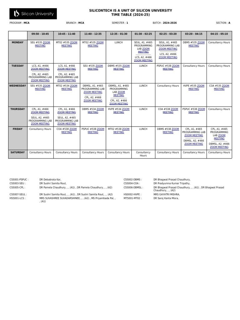Timetable (MCA MCA 1 (A) ) | PDF