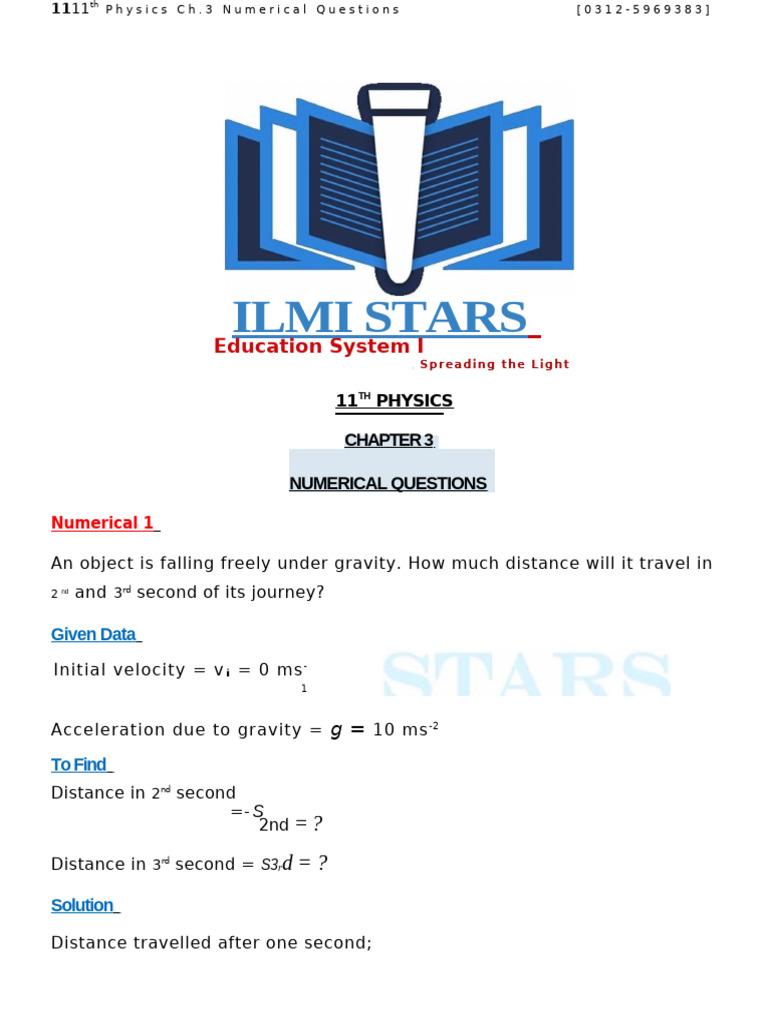 11th Physics Ch.3 Numerical Questions | PDF