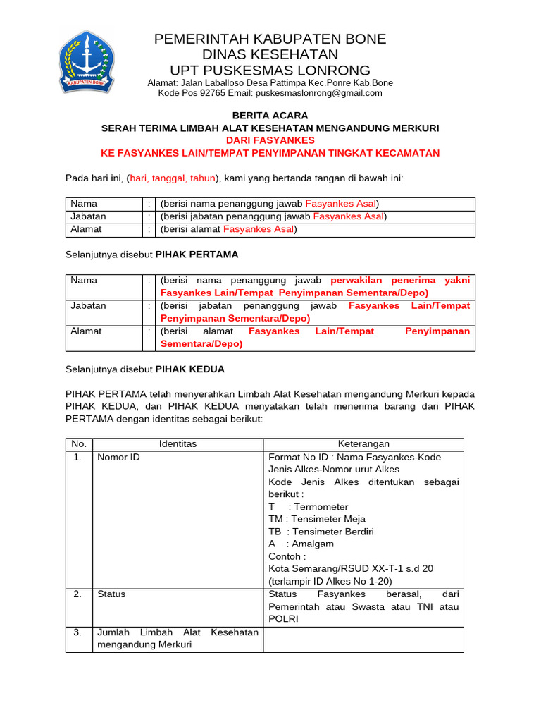 Format BAST Dari Fasyankes Ke Kecamatan Ataupun Penitipan | PDF
