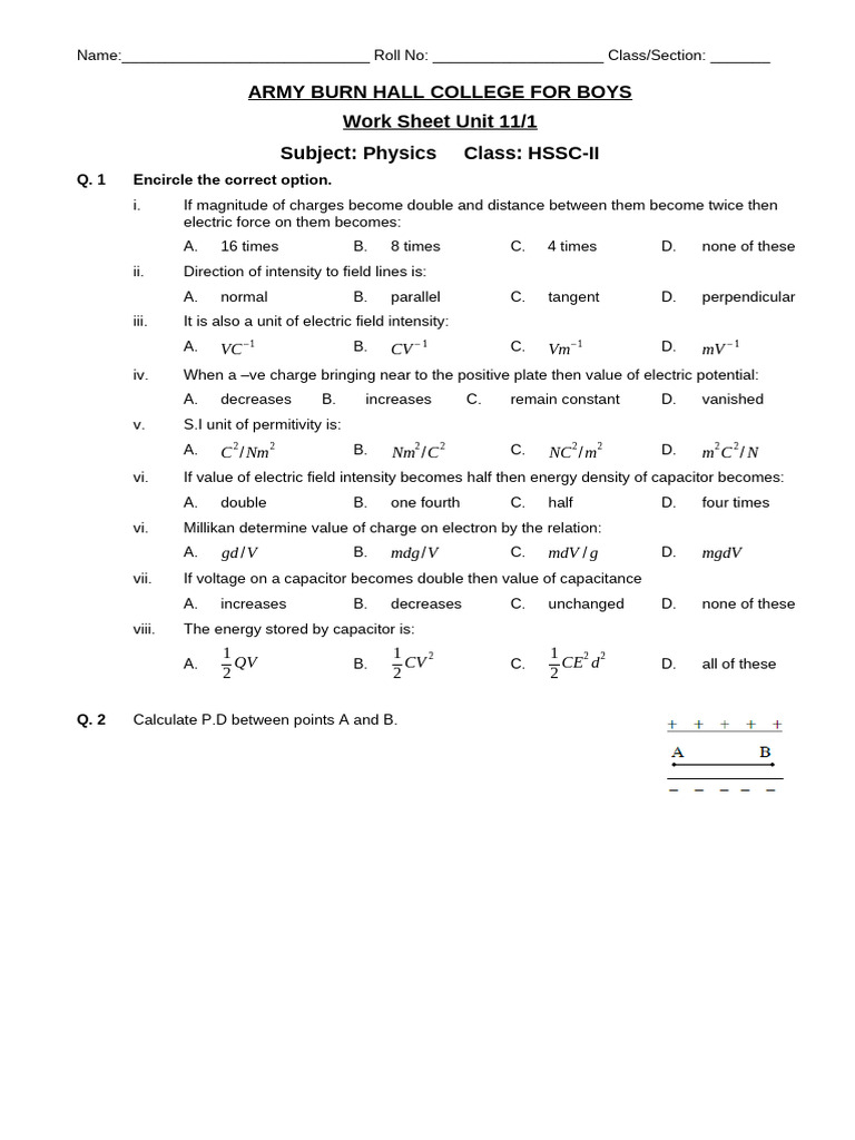 Work Sheet (Physics) 12 | PDF