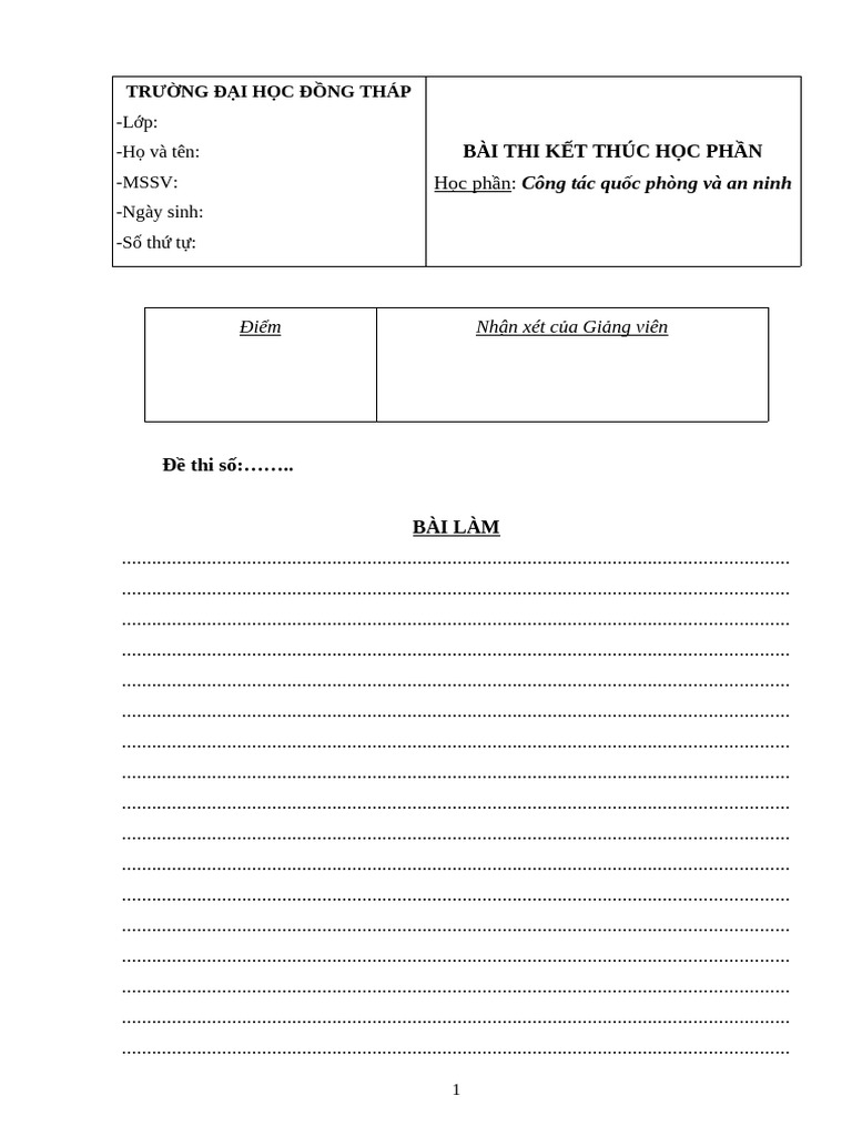 Mẫu giấy làm bài thi kết thúc học phần (HP2) | PDF