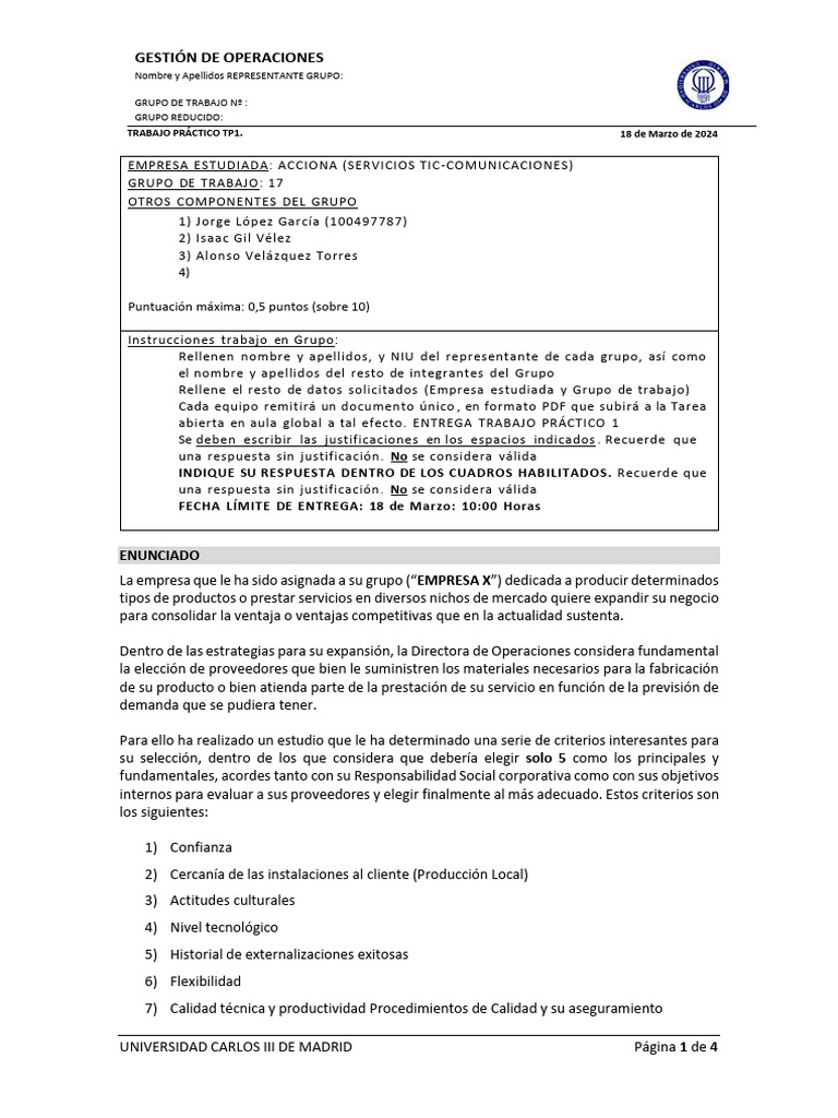 Ejercicio Práctico de Gestión de Operaciones UC3M | PDF