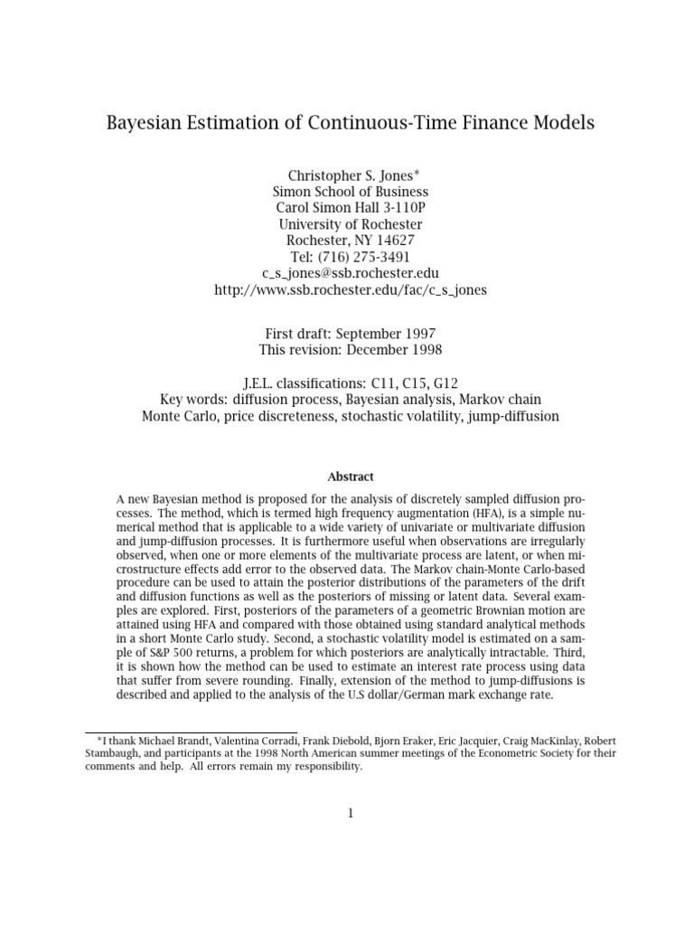Jones - Bayesian Estimation Of Continuous Time Finance Models | PDF