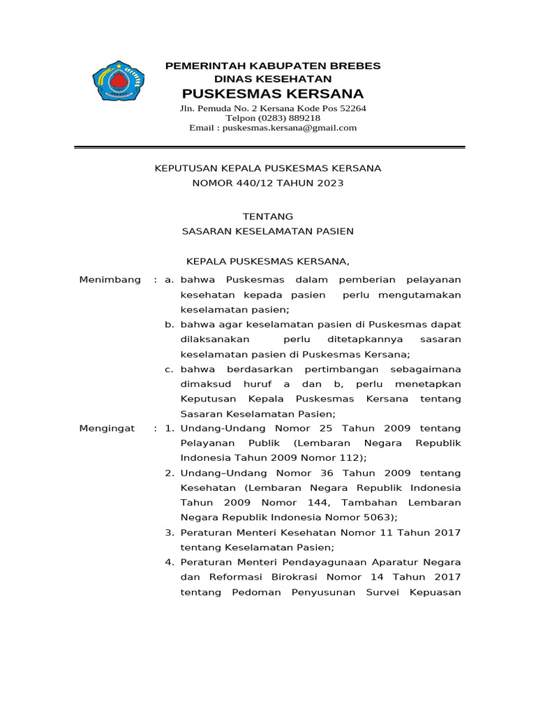 5.3.1.a SK Sasaran Keselamatan Pasien PUSK KERSANA | PDF