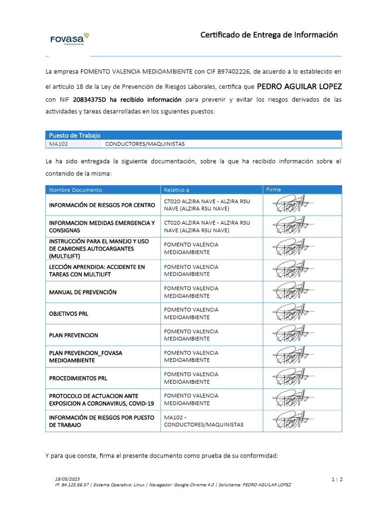 Certificado de Información PRL Art. 18 | PDF
