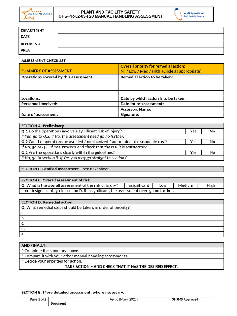 09-F20 Manual Handling Assessment | PDF | Occupational Safety And ...