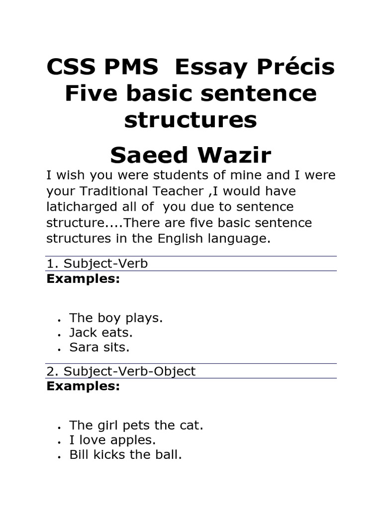 Five Basic Sentence Structures | PDF