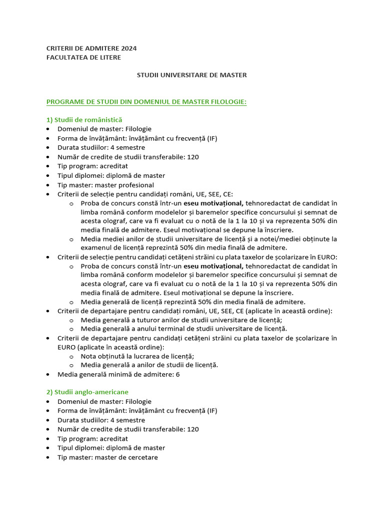 Oferta Si Criterii Admitere MASTER | PDF