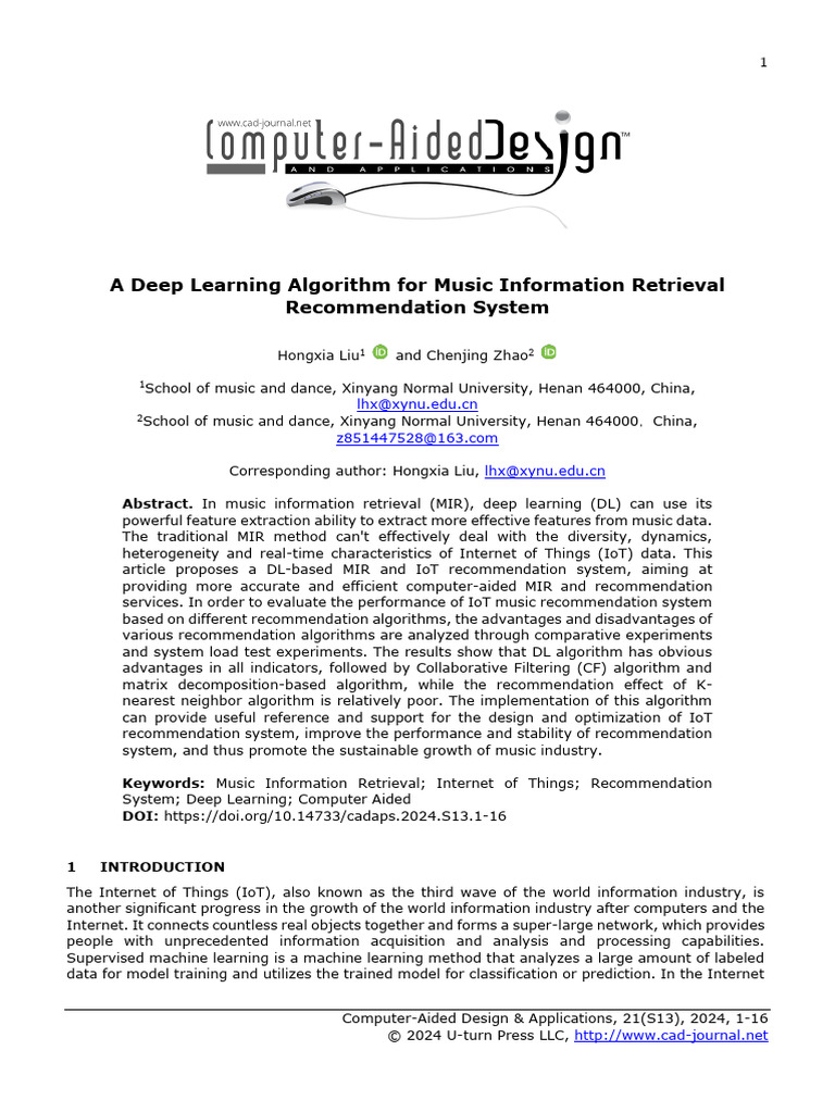 2024 Liu Zhao A Deep Learning Algorithm For Music Information Retrieval Recommendation System | PDF