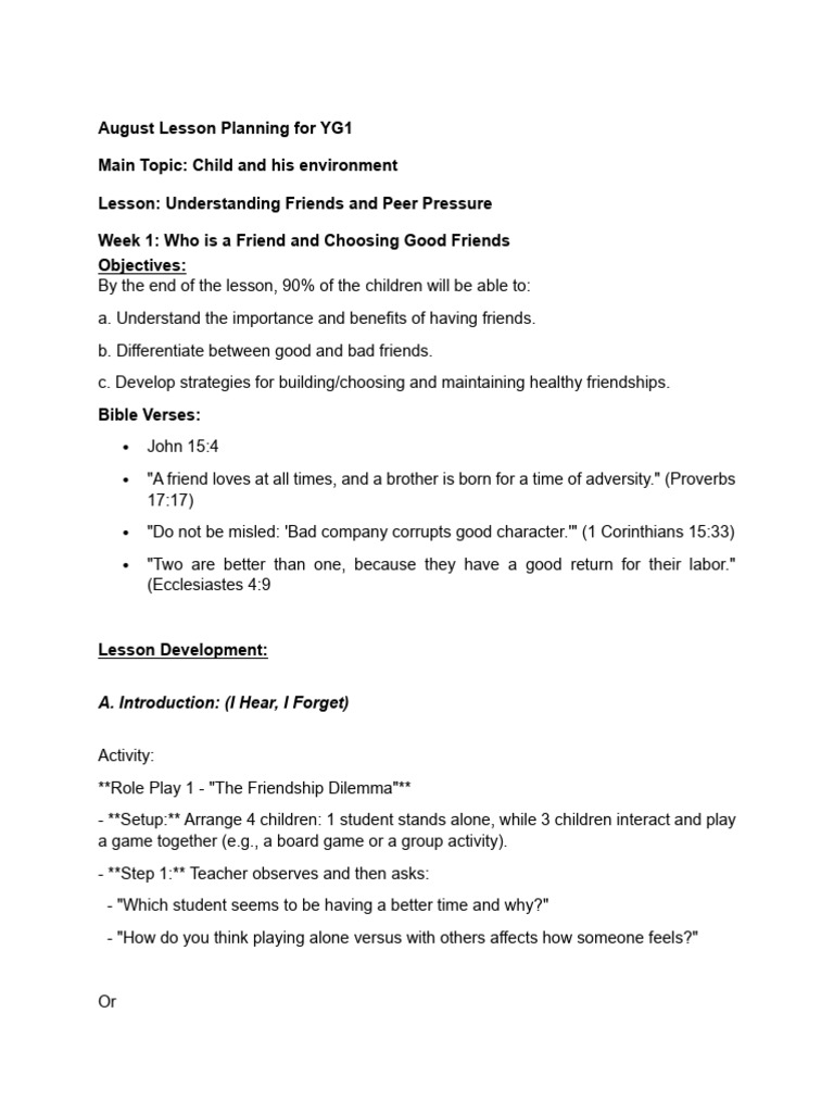 August Lesson Planning For YG1 | PDF