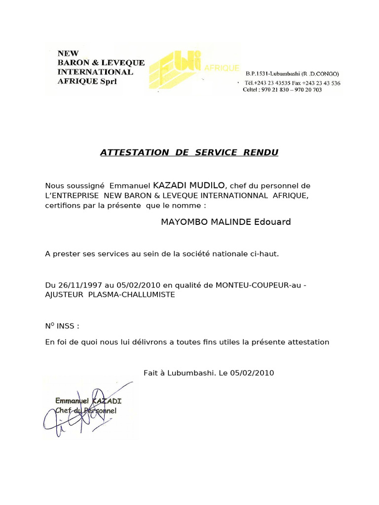 Attestation de Service Rendu | PDF