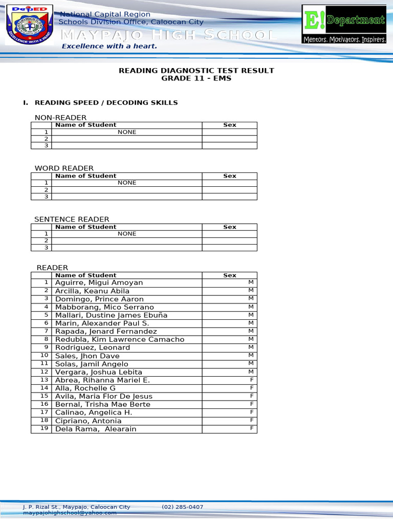 11 Ems Reading Diagnostic Test Form | PDF