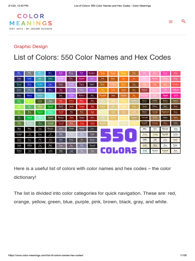 List of Colors - 550 Color Names and Hex Codes - Color Meanings | PDF ...