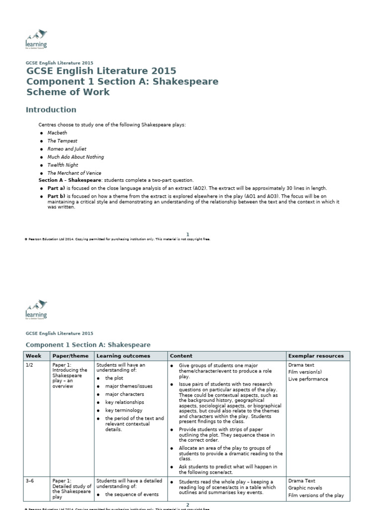 GCSE English Literature Scheme of Work | PDF