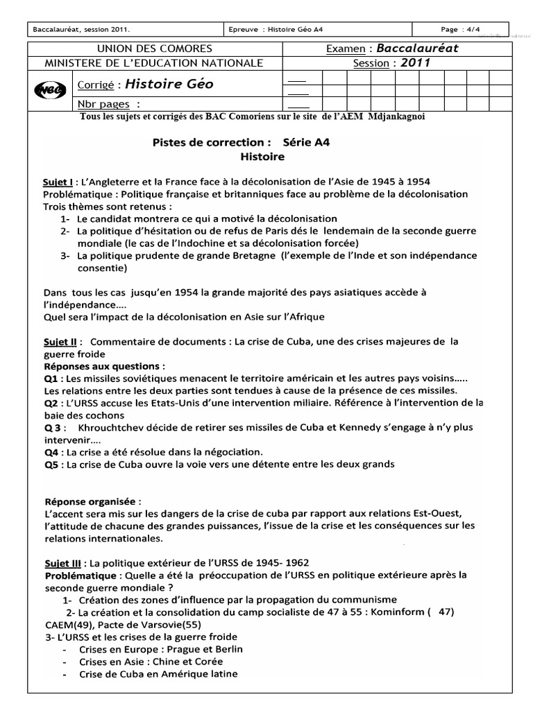 Hist Gei 2011 BAC A4 Corrigé | PDF