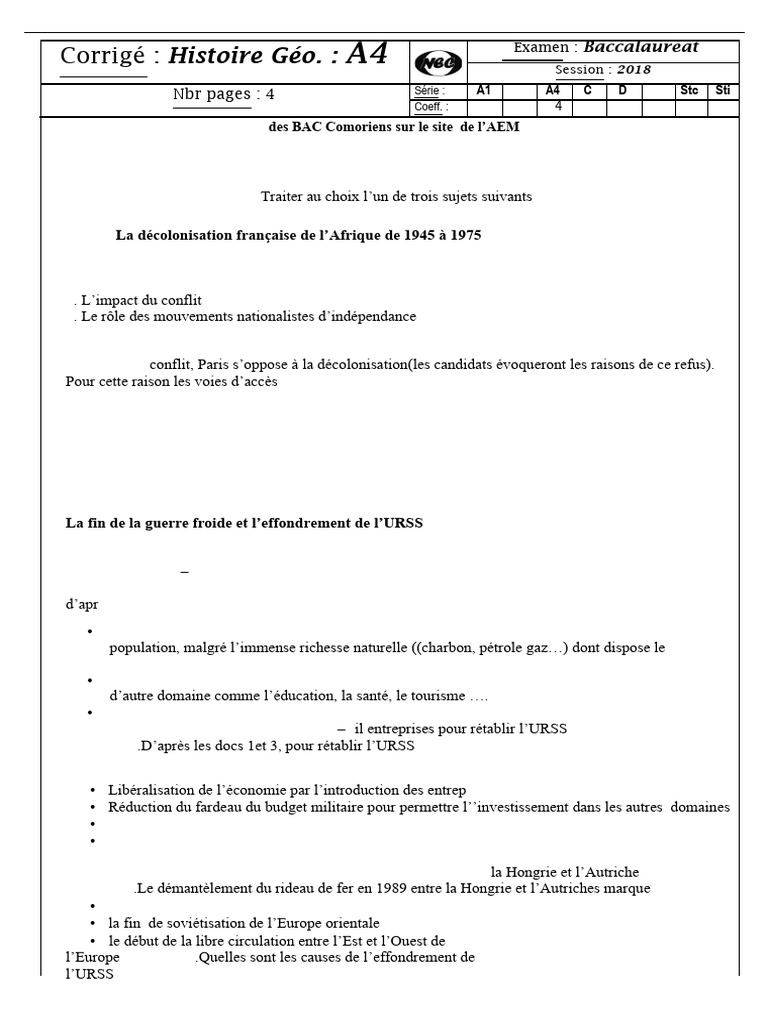 Hist Geo 2018 BAC A4 Corrigé | PDF