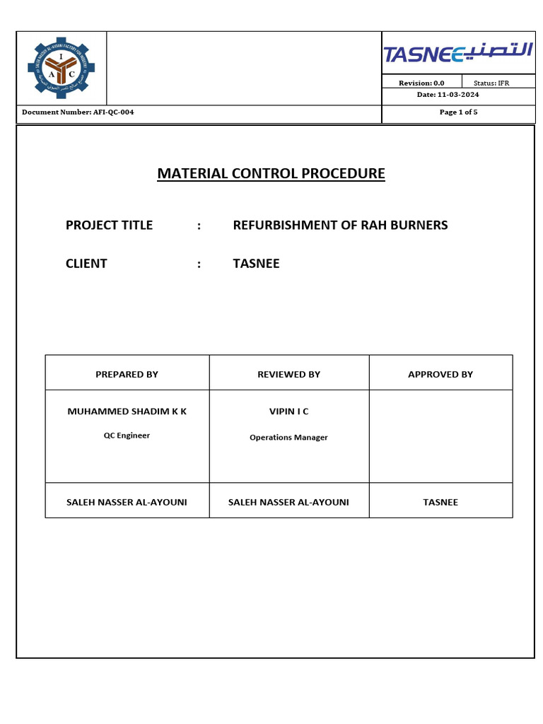 Material Control Procedure | PDF