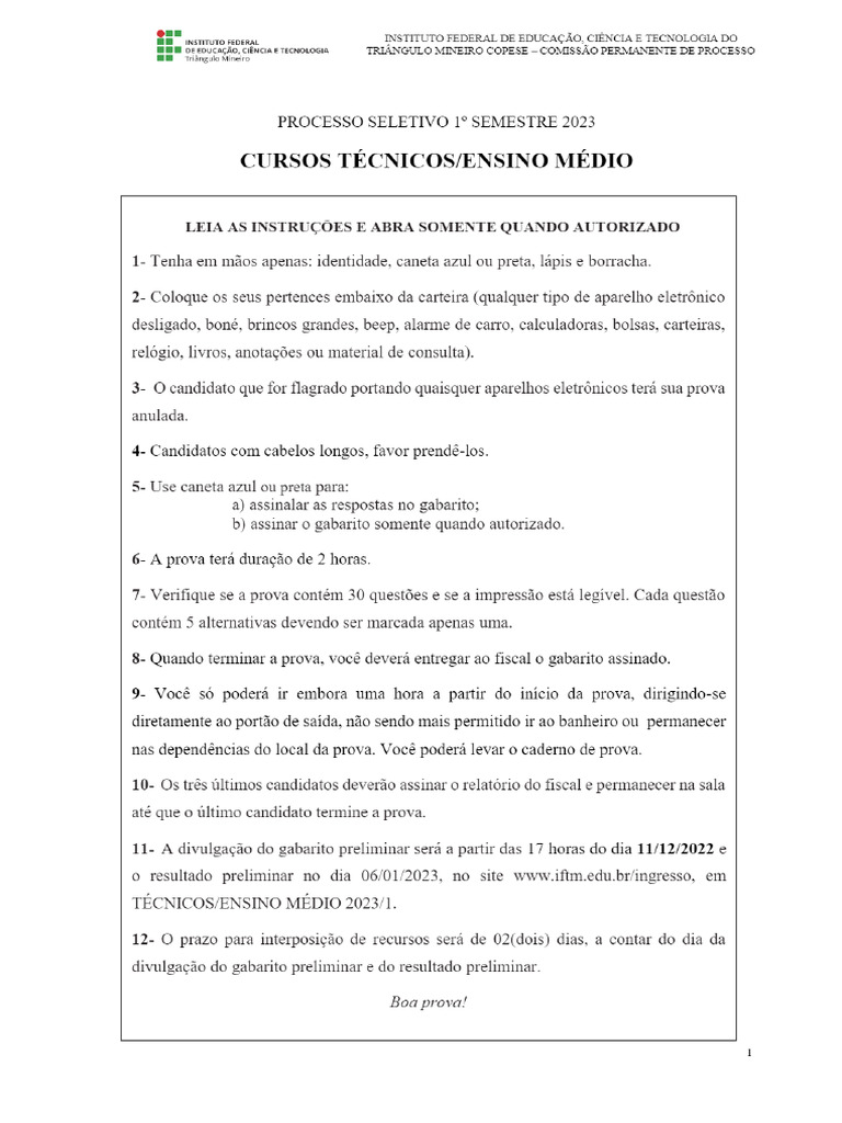 Prova - Tecnico - 2023 - 1 - PARA IMPRIMIR - PDF - Cloud IFTM | PDF