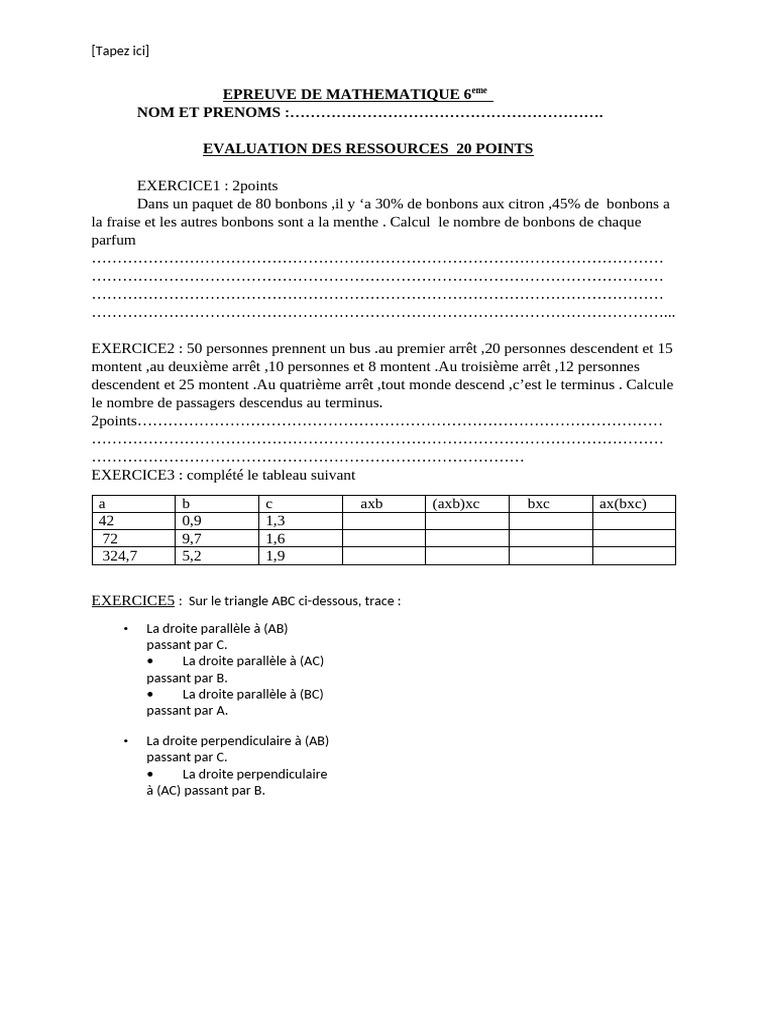EPREUVE DE MATHEMATIQUE 6eme NOM ET PRENOMS | PDF