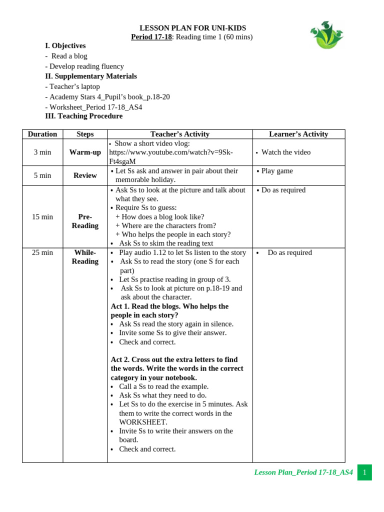 Lesson Plan Period 17-18 - AS4 | PDF