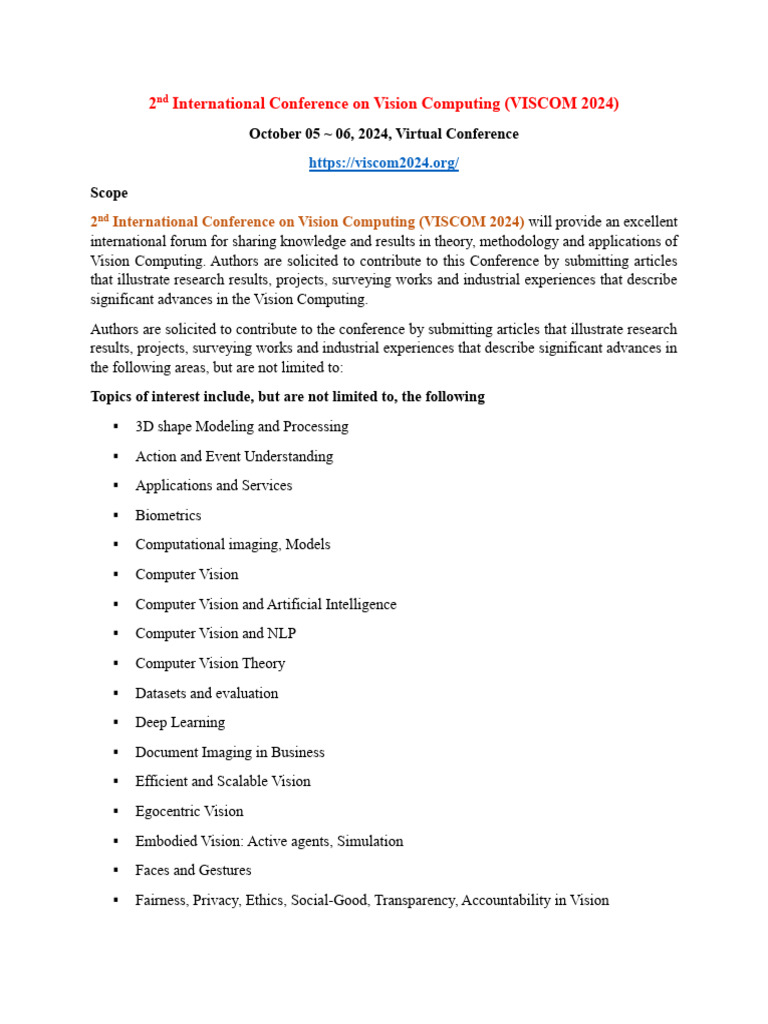 2nd International Conference On Vision Computing (VISCOM 2024) | PDF | Computer Vision | Applied ...