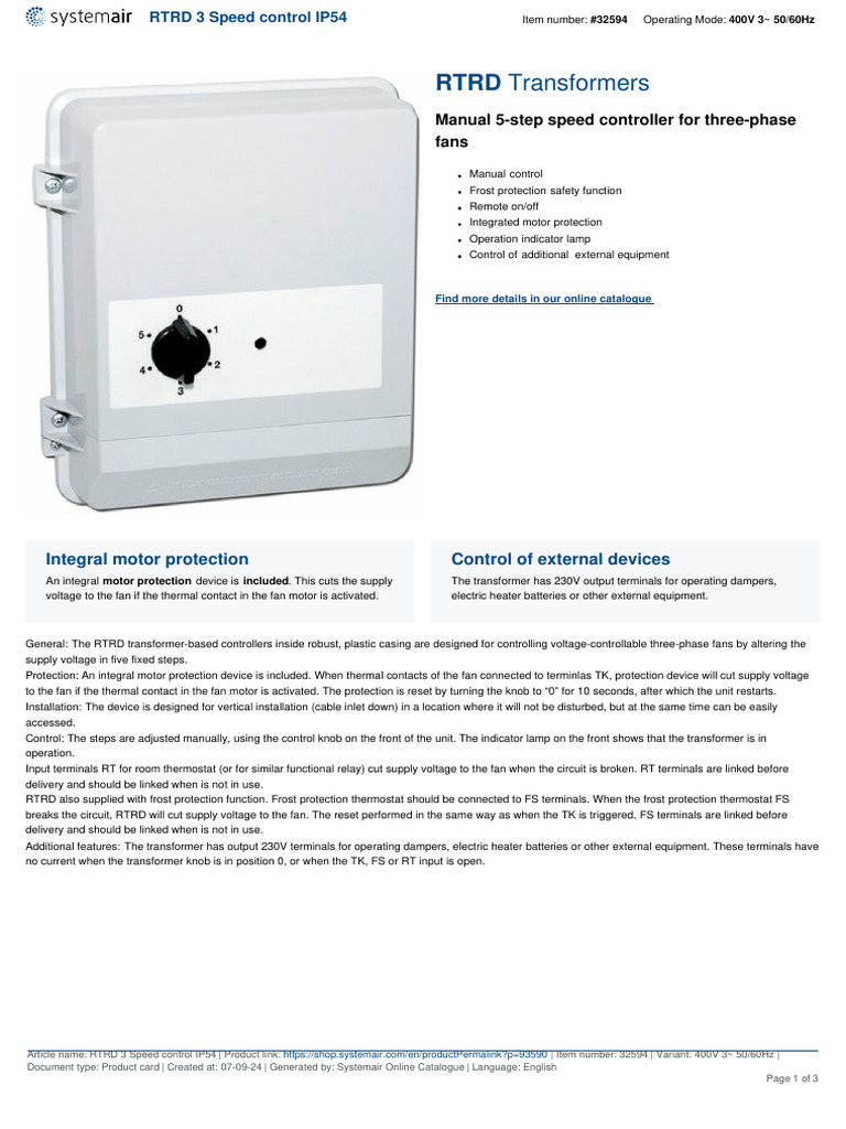 Systemair RTRD 3 Speed Control IP54 | PDF