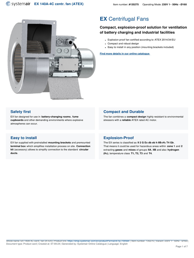 Systemair EX 140A-4C Centr. Fan (ATEX) | PDF