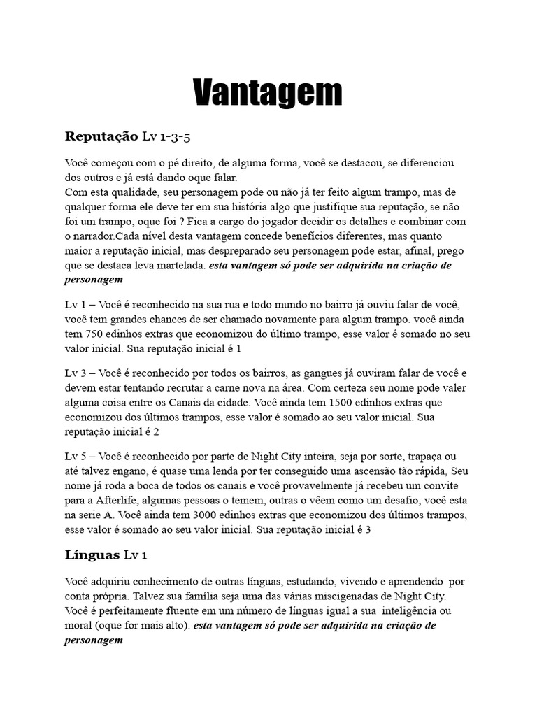 Cyberpunk Vantagens e Desvantagens Atualizada 2d6 | PDF