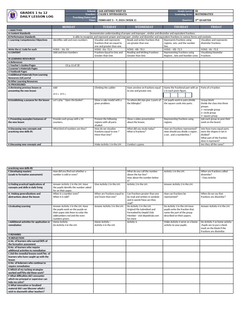 DLL Mathematics 3 q3 w2 | PDF