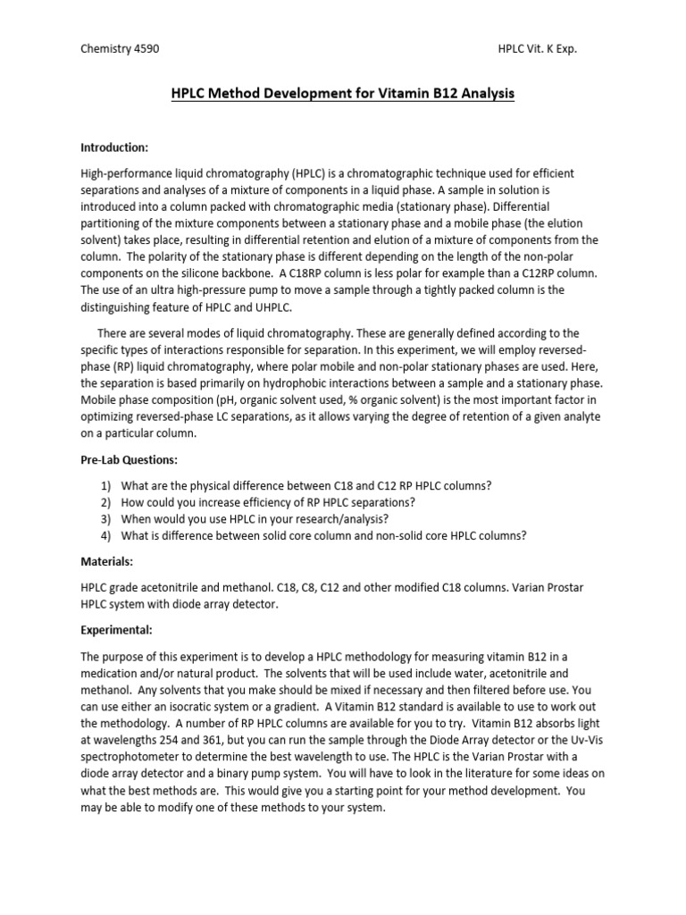 HPLC Method Development For Vitamin B12 Analysis | PDF