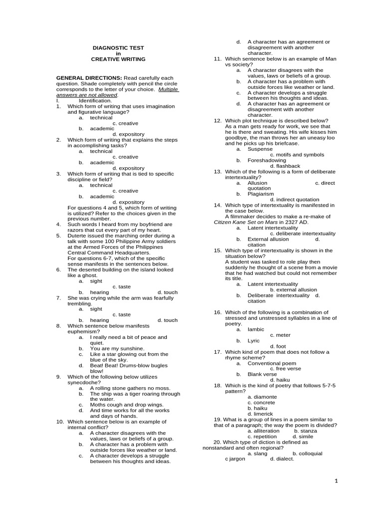 Diagnostic Test in Creative Writing | PDF | Poetry | Language Arts ...